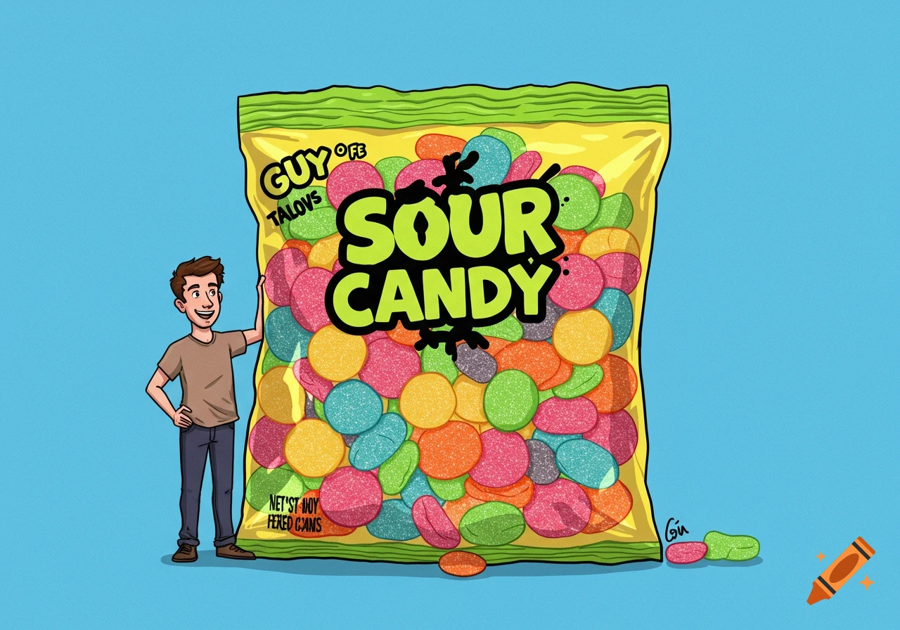 Illustration of a man standing next to a giant bag of colorful sour ...