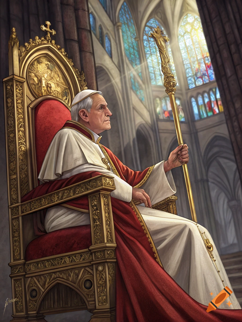 Illustration of a Pope sitting on an ornate throne in a sunlit ...