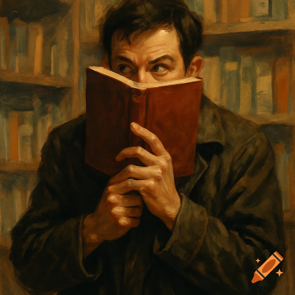 A man in a coat holds a book up to his face, looking sideways suspiciously, in a library ...
