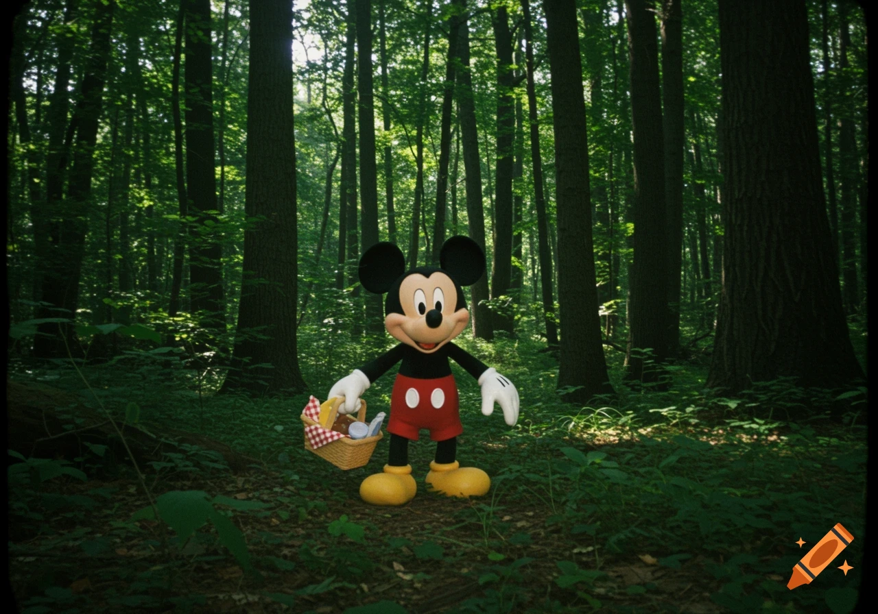 Photorealistic image of Mickey Mouse standing in a forest clearing ...