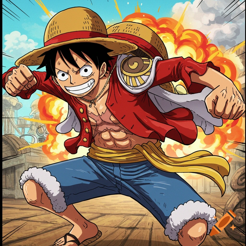 Manga illustration of Monkey D. Luffy in action with an explosion ...