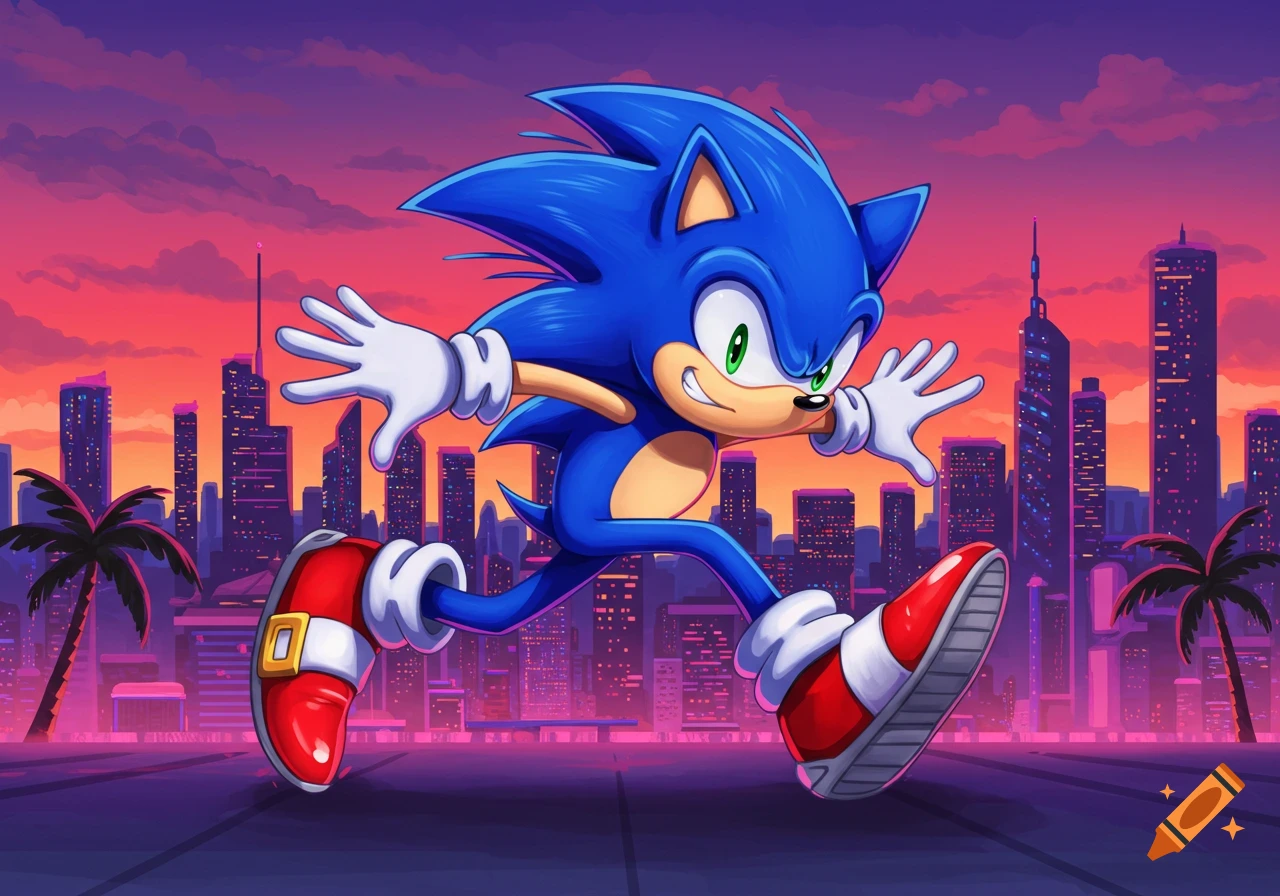 Sonic the Hedgehog runs through a cityscape at sunset in a digital art ...