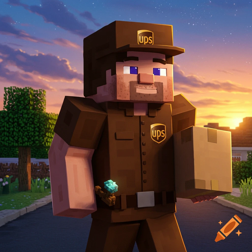 Minecraft-style character in a UPS uniform holding a box and a tool on ...