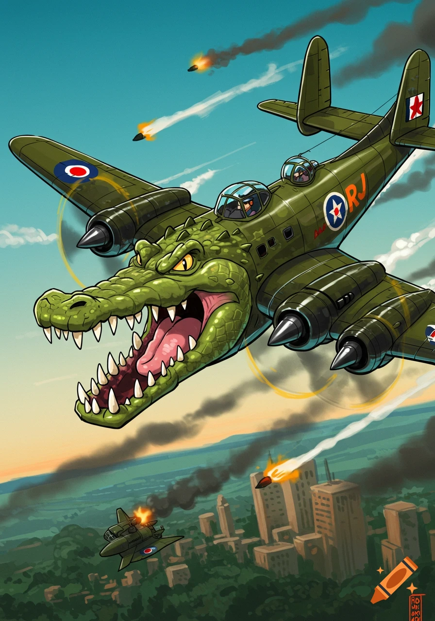 Cartoon illustration of a bomber plane with a crocodile head flying ...