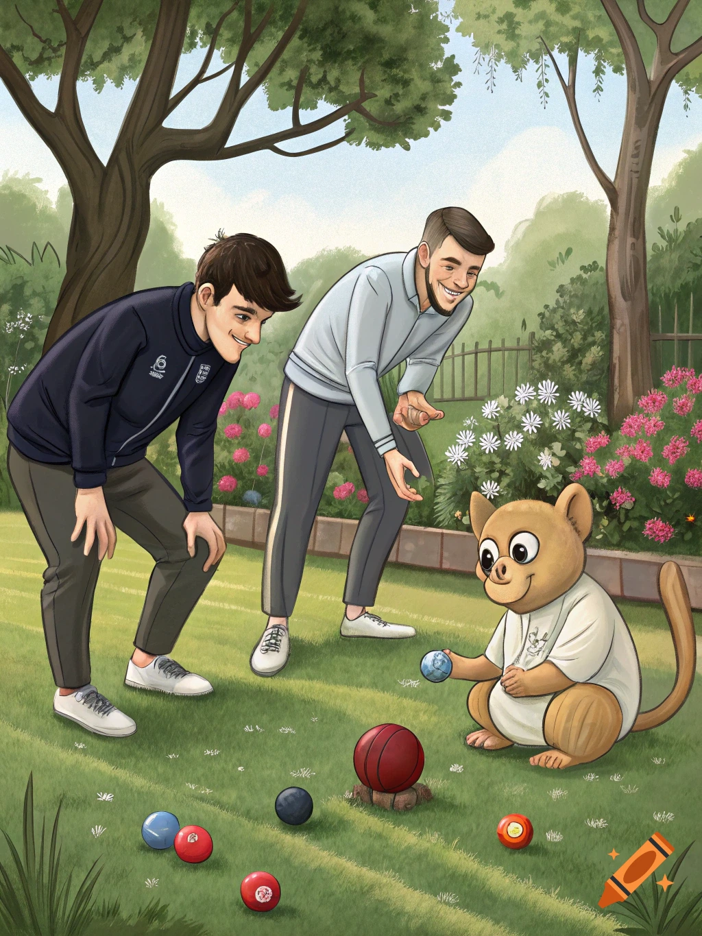 Cartoon illustration of two men and a fictional creature playing bowls ...