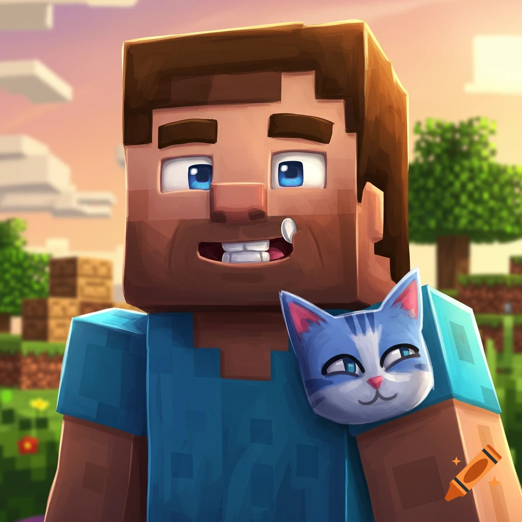 Rendered illustration of Minecraft's Steve smiling with a cat on his ...