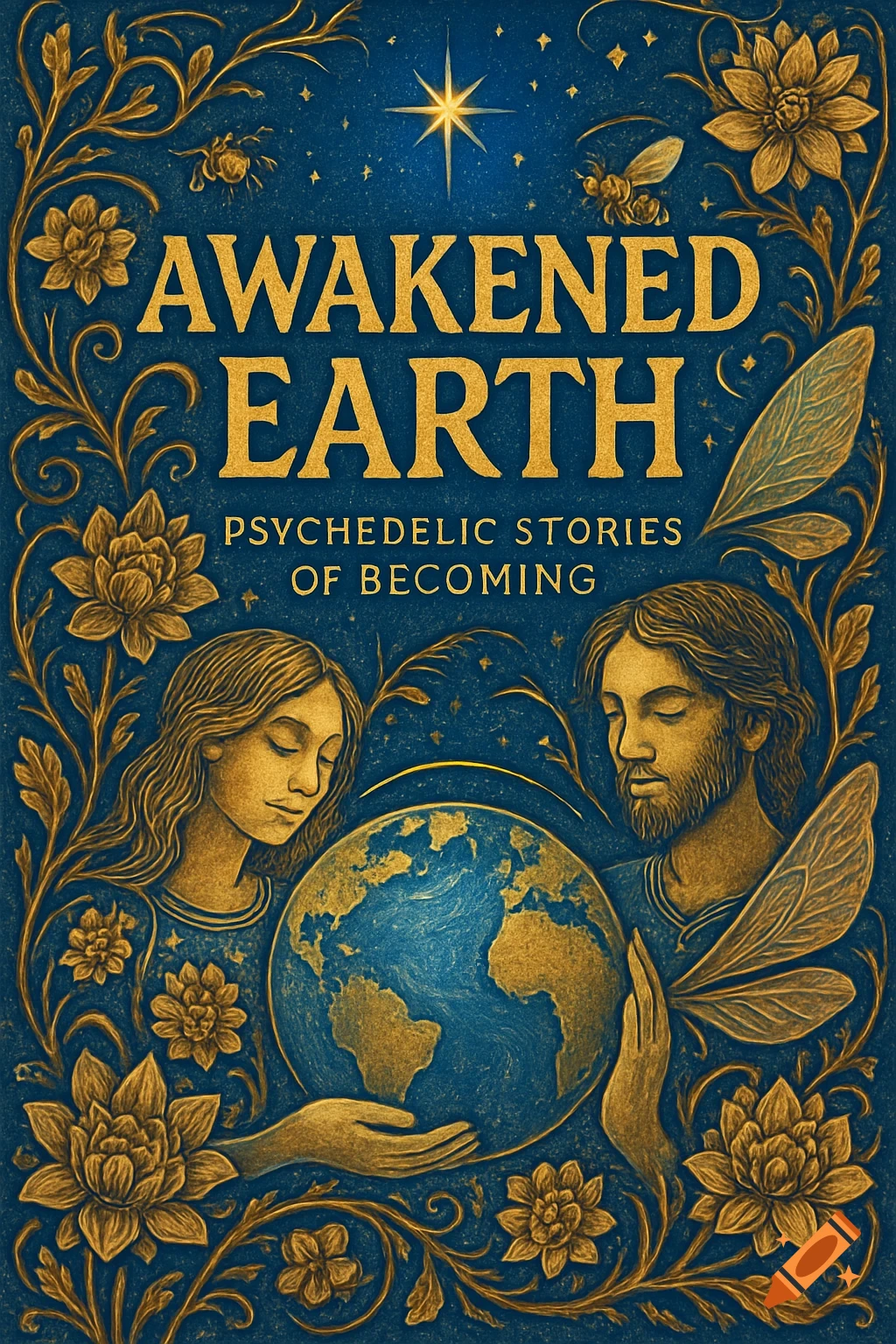 Ornate illustration of two figures holding Earth globe surrounded by ...