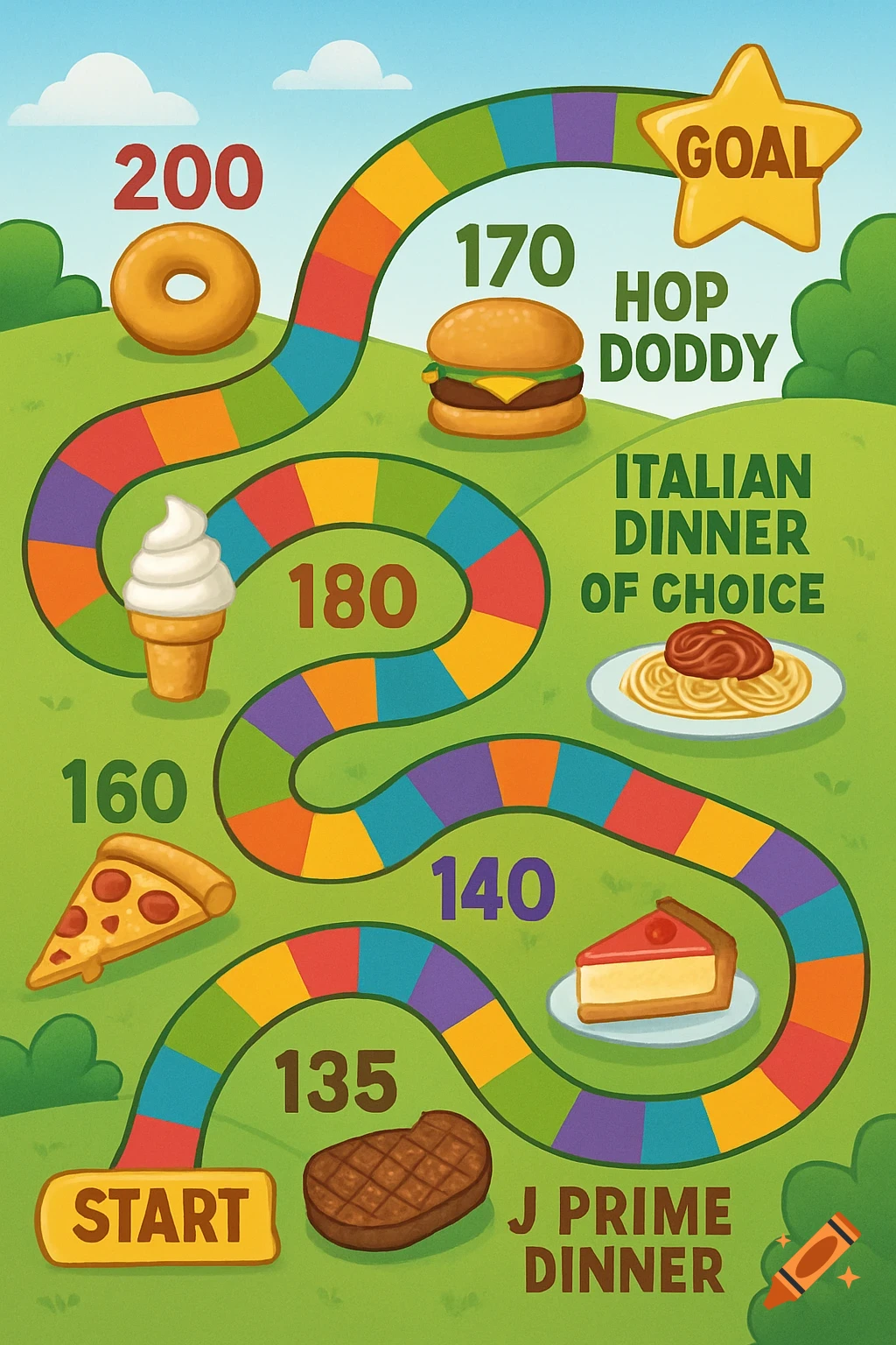 A board game path on a grassy hill with numbers and food items like a ...