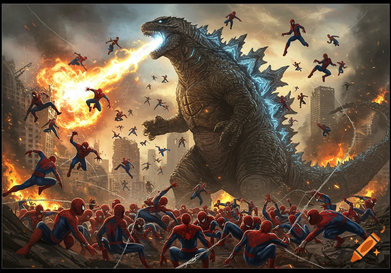 Godzilla battles a horde of Spider-Men in a destroyed city, breathing ...