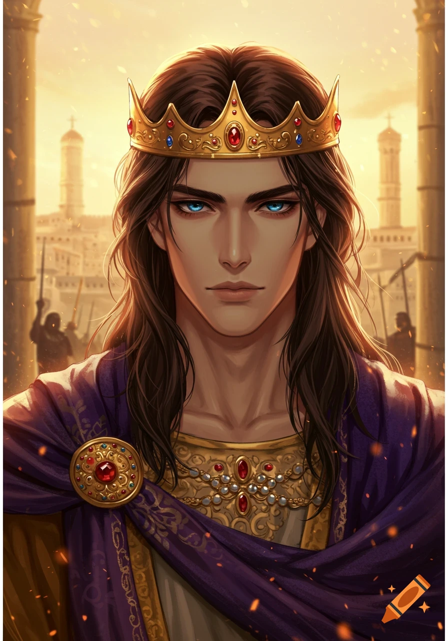 Anime portrait of a handsome king with a gold crown and purple cloak on ...