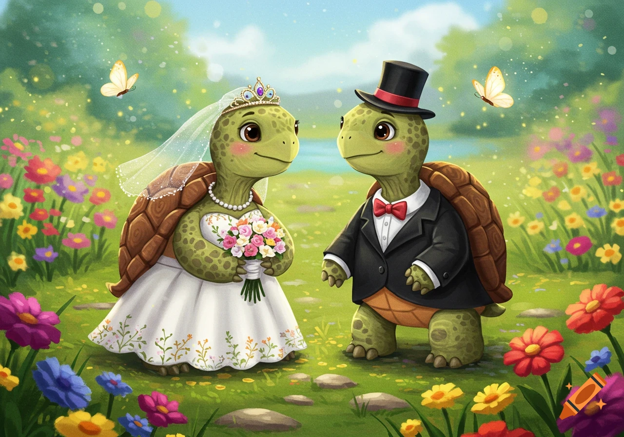 Cute illustrated turtle bride and groom in a colorful flower garden ...
