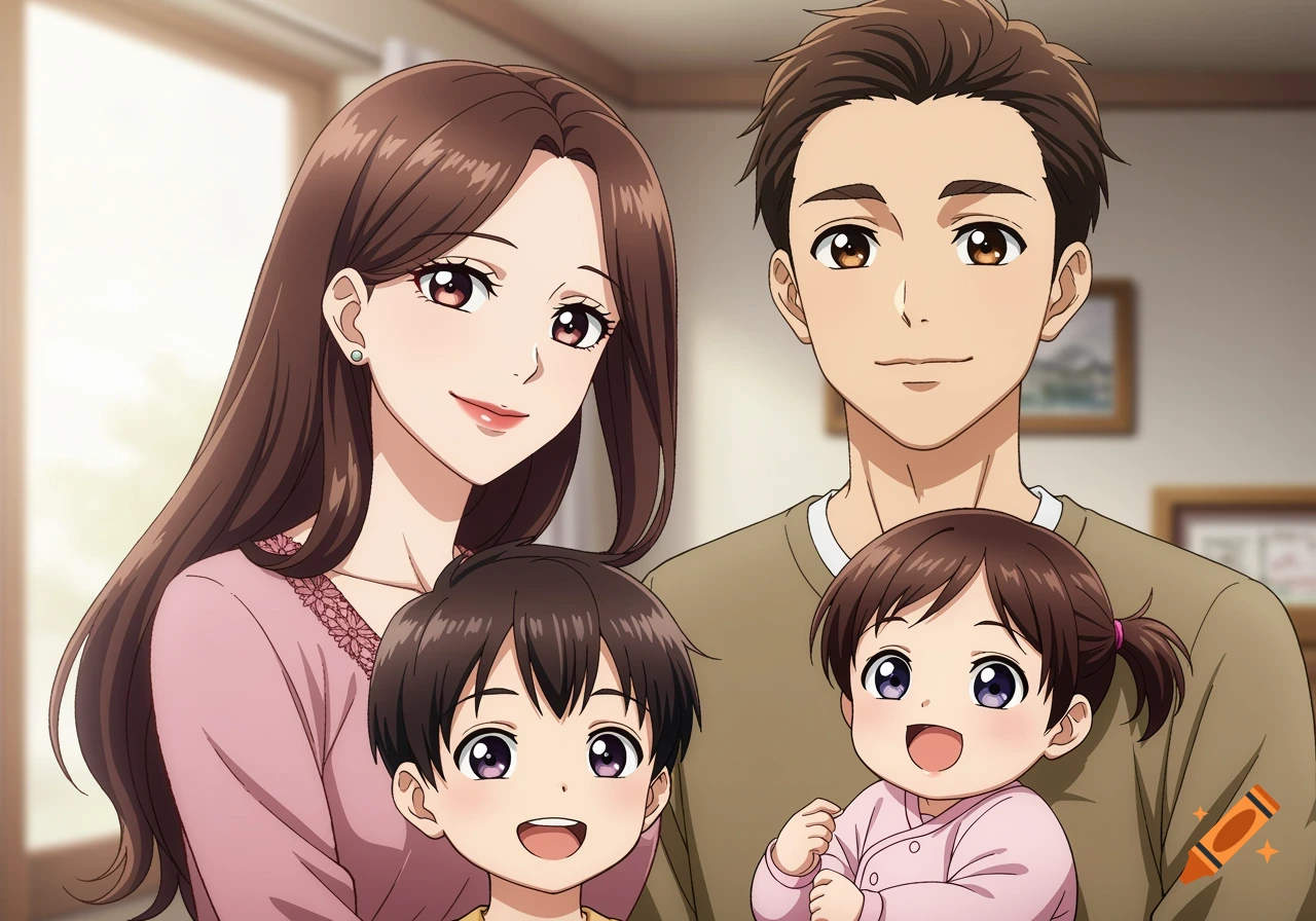 Anime style image of a family with mother, father, son, and baby ...