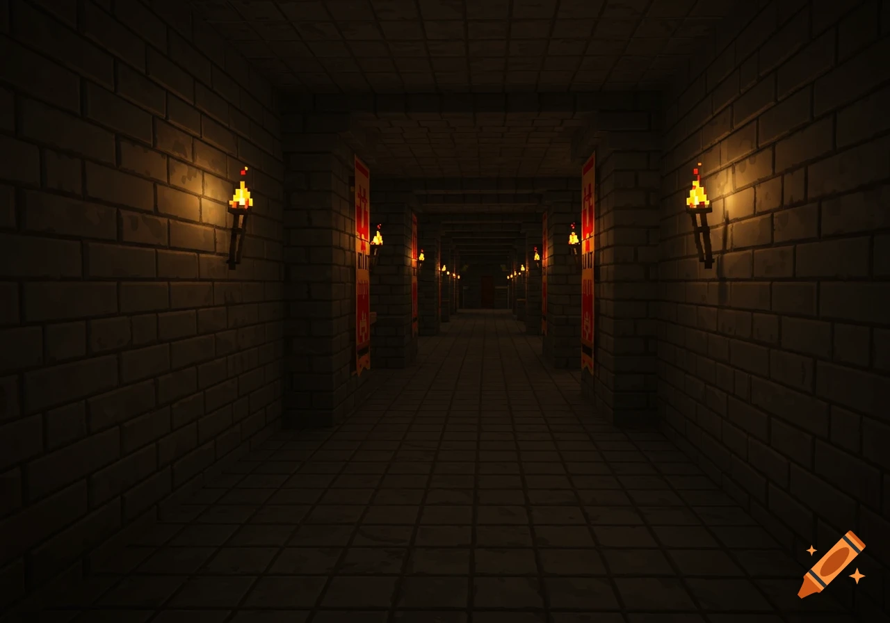 Pixel art castle hallway with torches and banners. on Craiyon