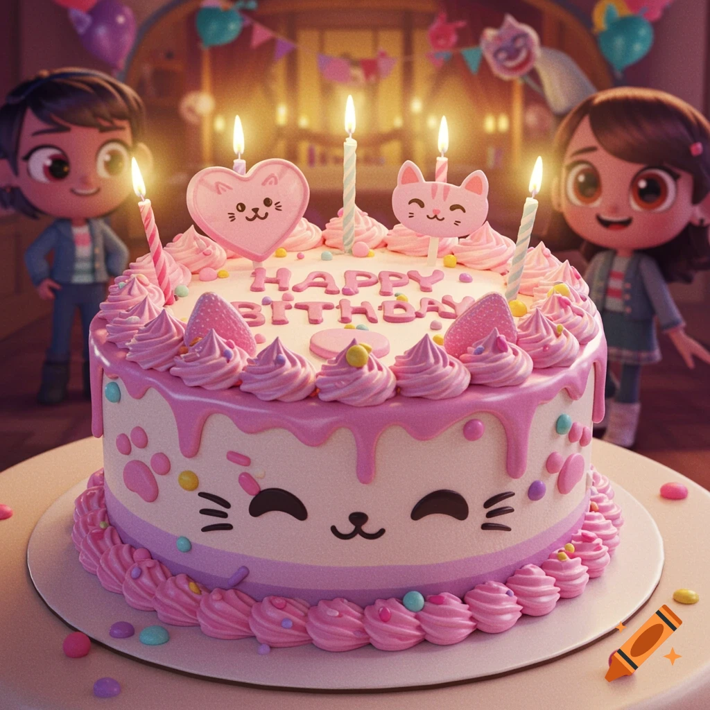 A pink and white birthday cake decorated like a cat face with 'Happy ...