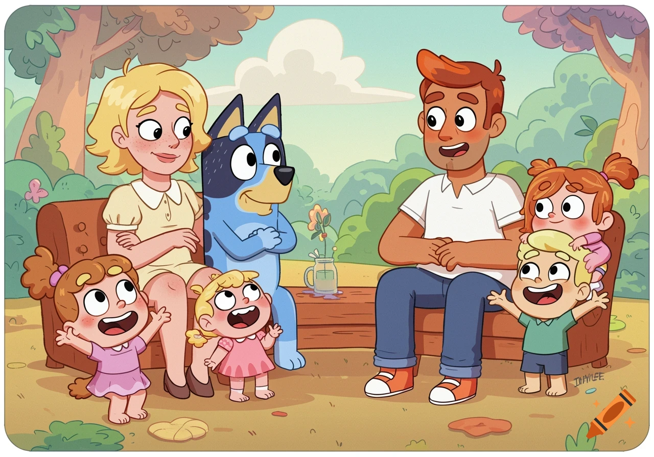 Cartoon family and Bluey the dog on a park bench on Craiyon