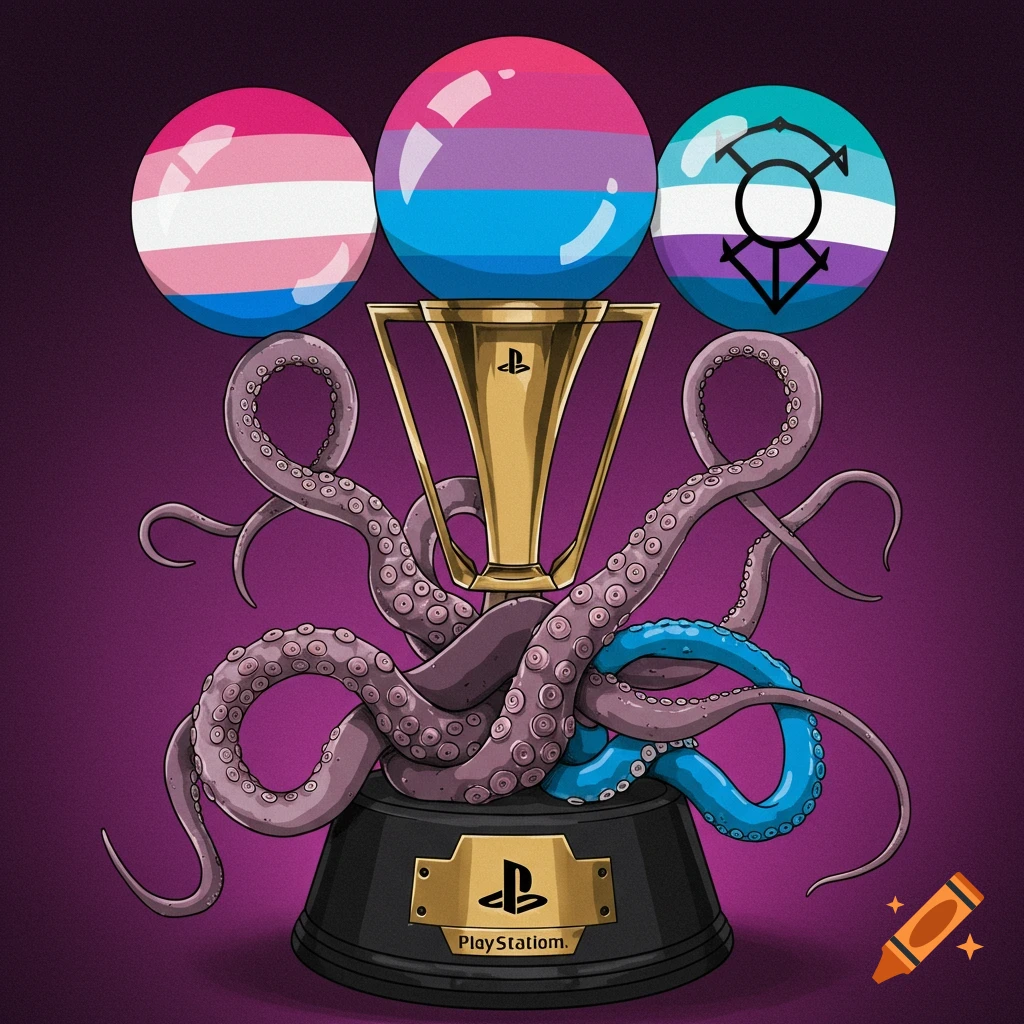 A gold PlayStation trophy with tentacles holding three identity flag ...