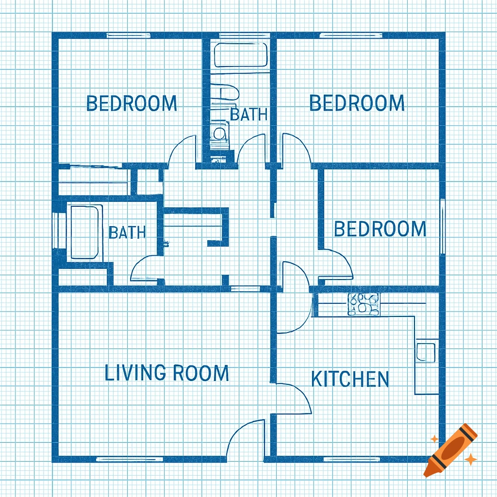 Blueprint style house floor plan on graph paper with labels for rooms. on Craiyon