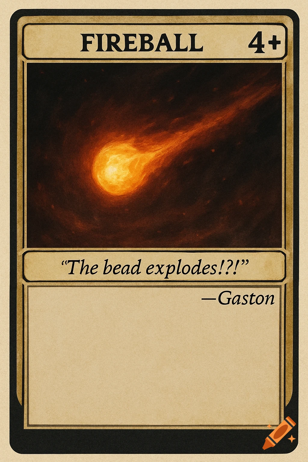 Game card with 'FIREBALL' title, '4+' cost, an illustration of a bright ...