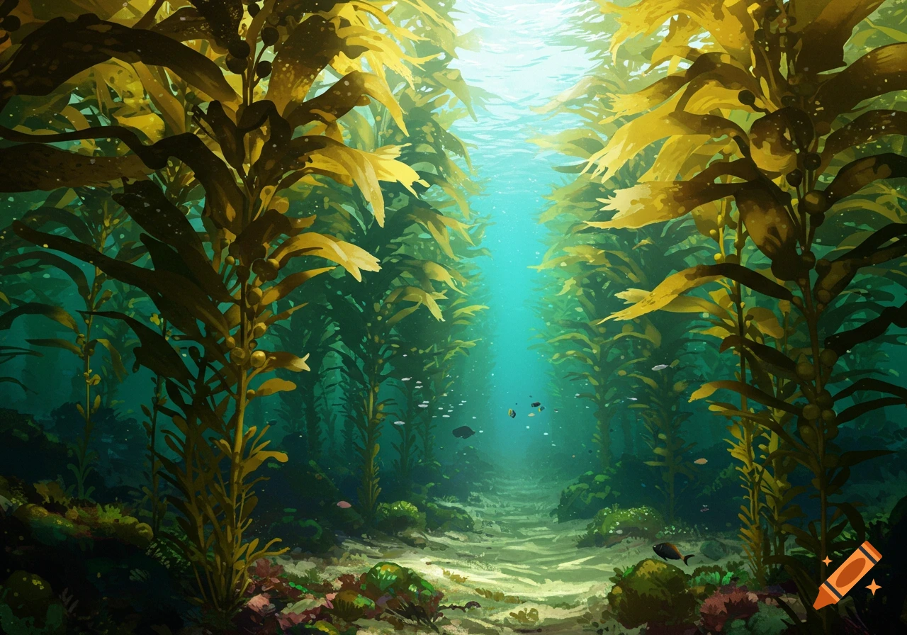 View from the sandy bottom looking up through a dense kelp forest ...