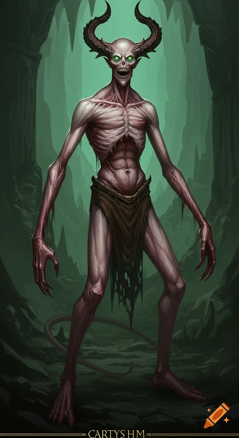 A skeletal demon with horns and glowing green eyes stands in a cave. on ...