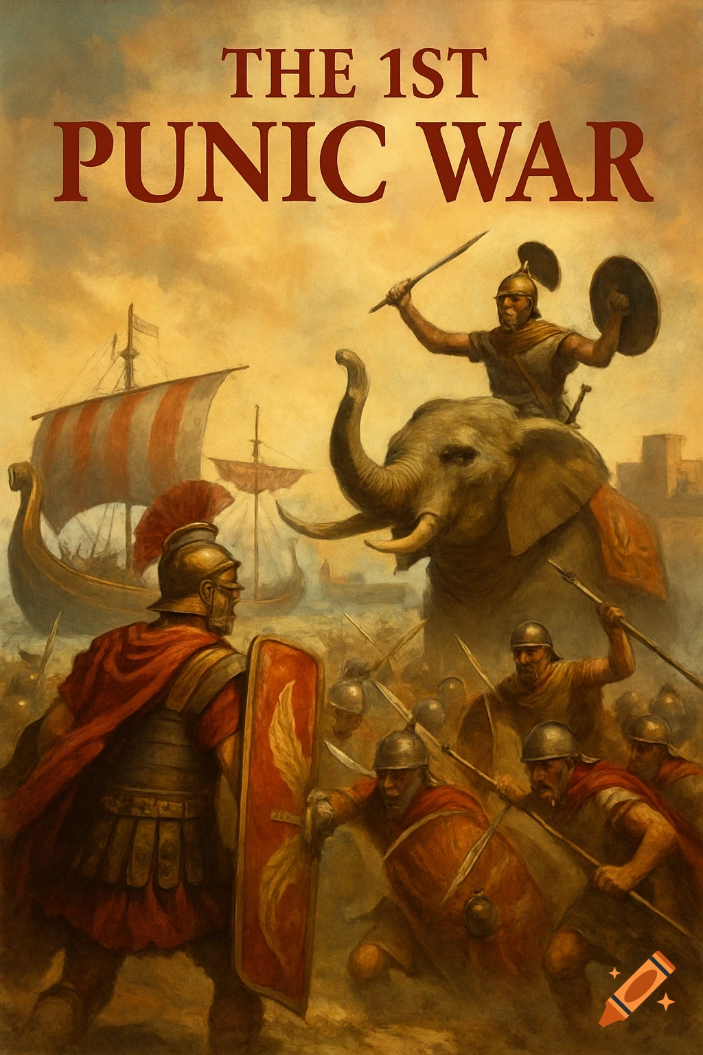 Historical painting of Roman soldiers battling with ships and an elephant in the background ...