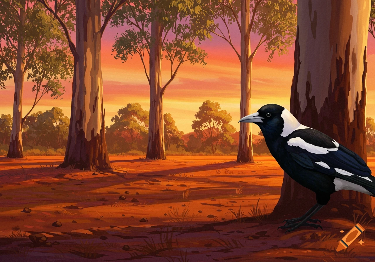 An illustrative painting of a magpie in an Australian bush landscape ...