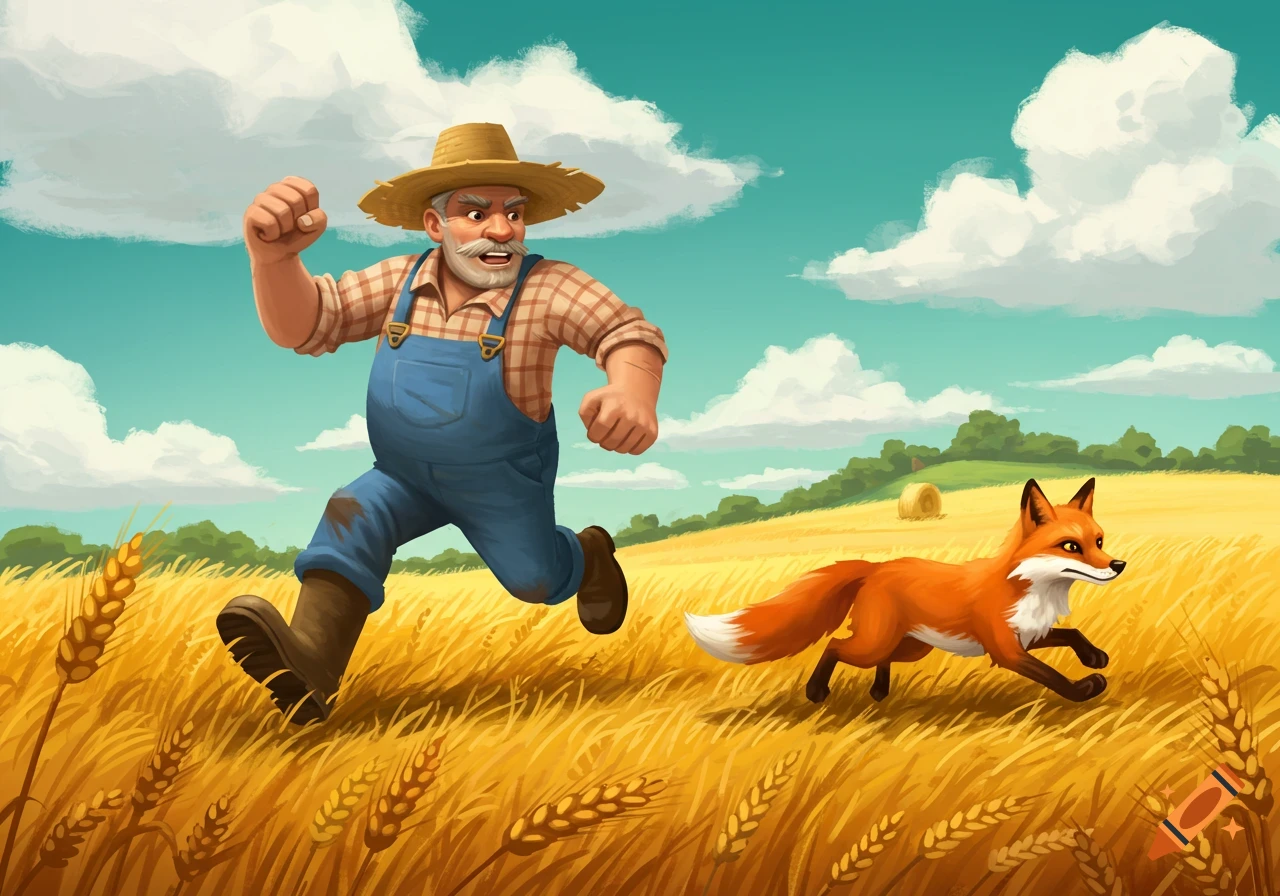 Cartoon illustration of a farmer chasing a fox through a golden wheat ...