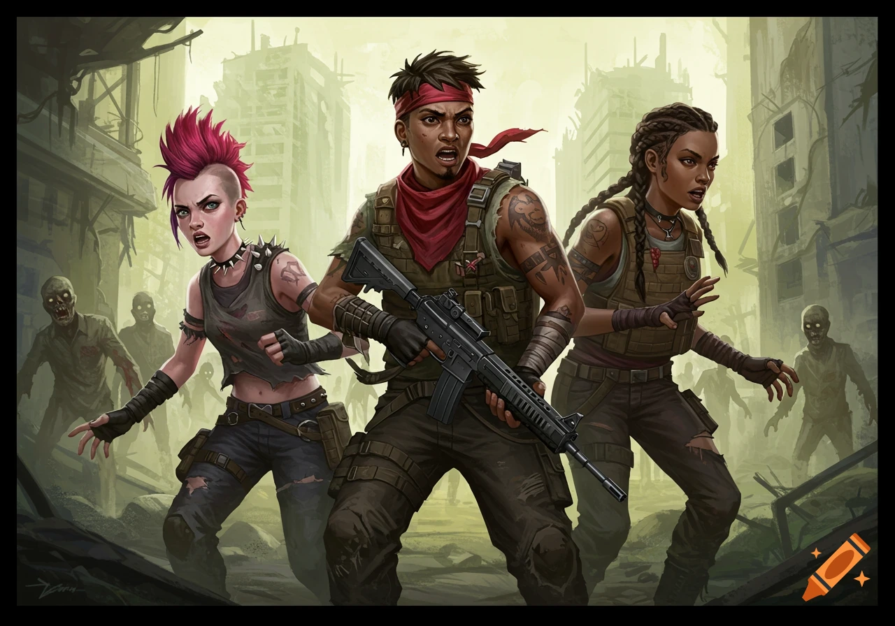 Illustration of three survivors facing zombies in a ruined city. on Craiyon