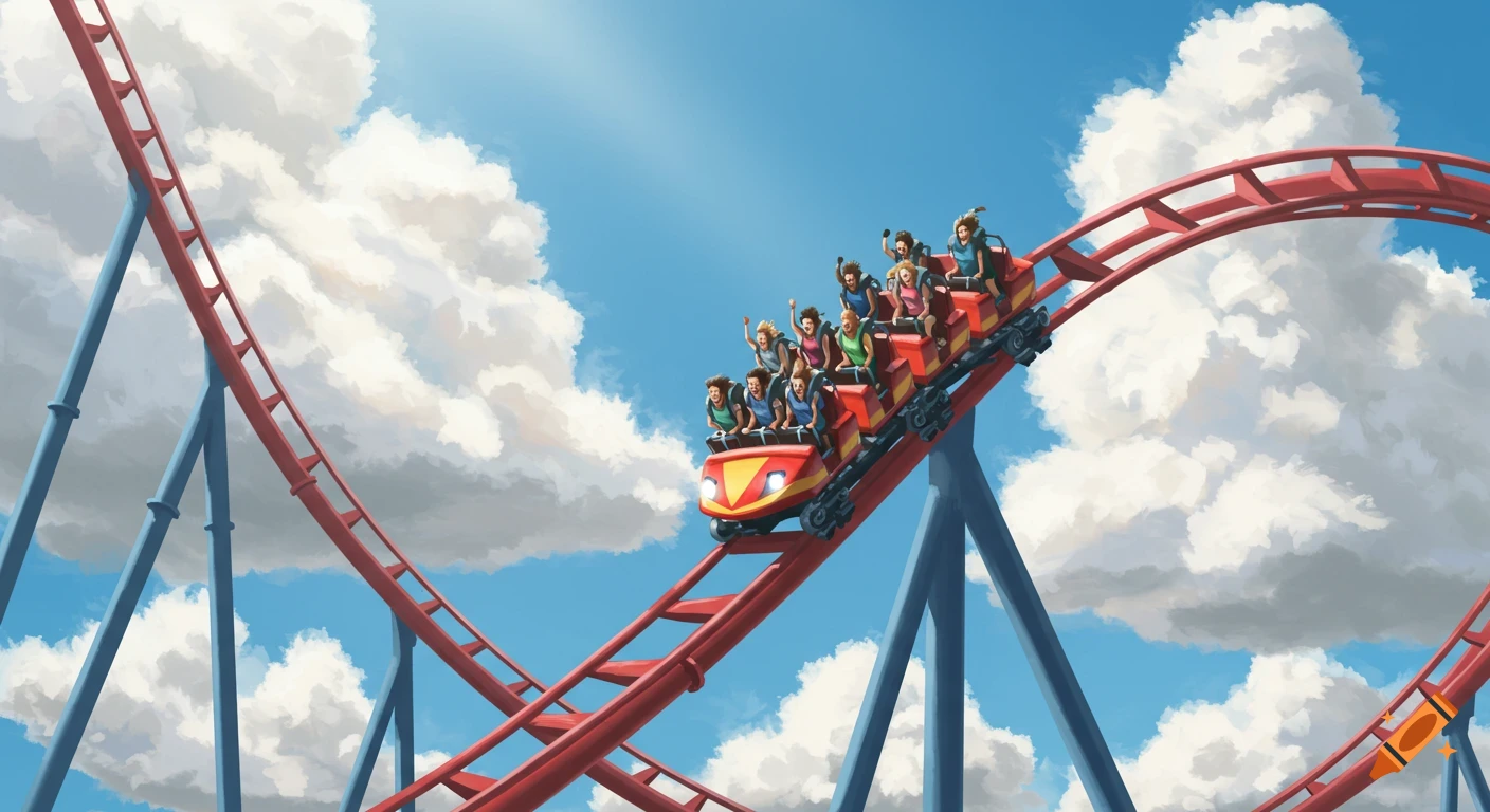 People ride a red roller coaster against a blue sky with clouds. on Craiyon