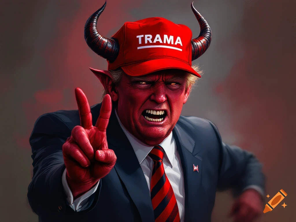Figure resembling Donald Trump depicted as a red-skinned devil with ...