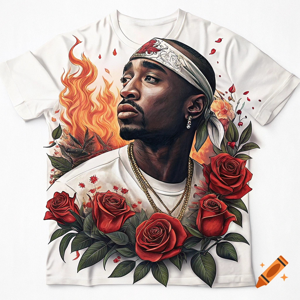 Bootleg style portrait of Tupac Shakur on a t-shirt with roses and ...