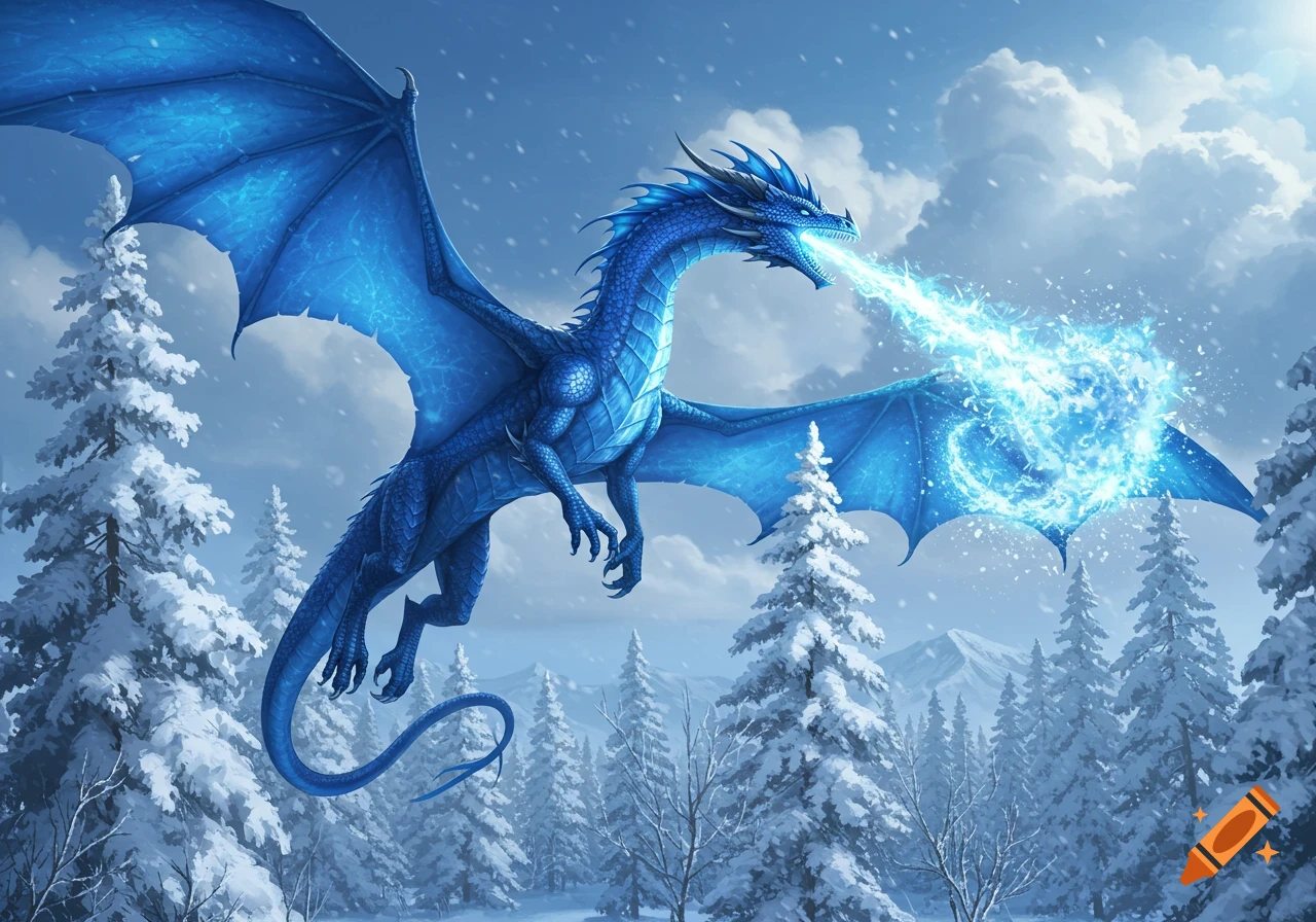 A blue dragon flies over a snowy forest, breathing a stream of ice. on Craiyon