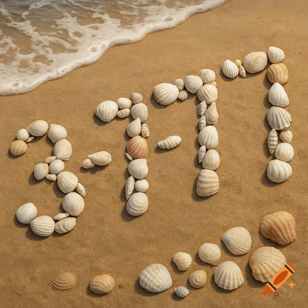 Photorealistic image of seashells spelling "3-7-77" on a sandy beach ...