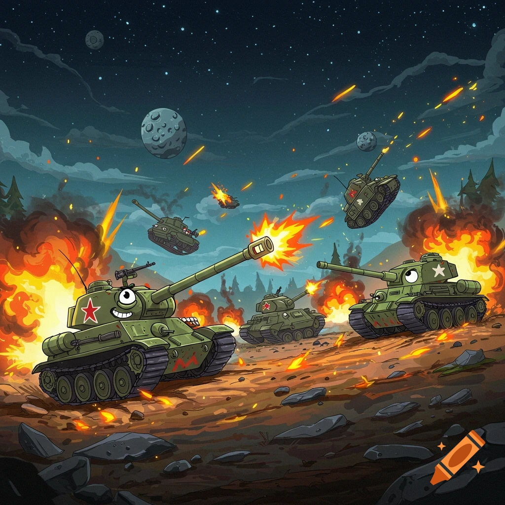 Cartoon tanks battle on a rocky battlefield under a starry night sky ...