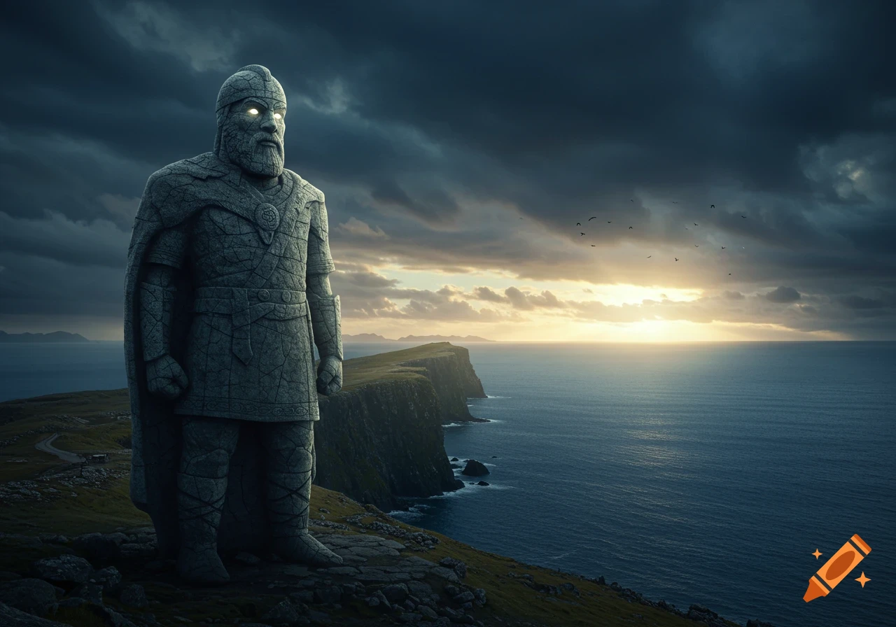 Stone statue with glowing eyes overlooks ocean cliffs at sunset. on Craiyon