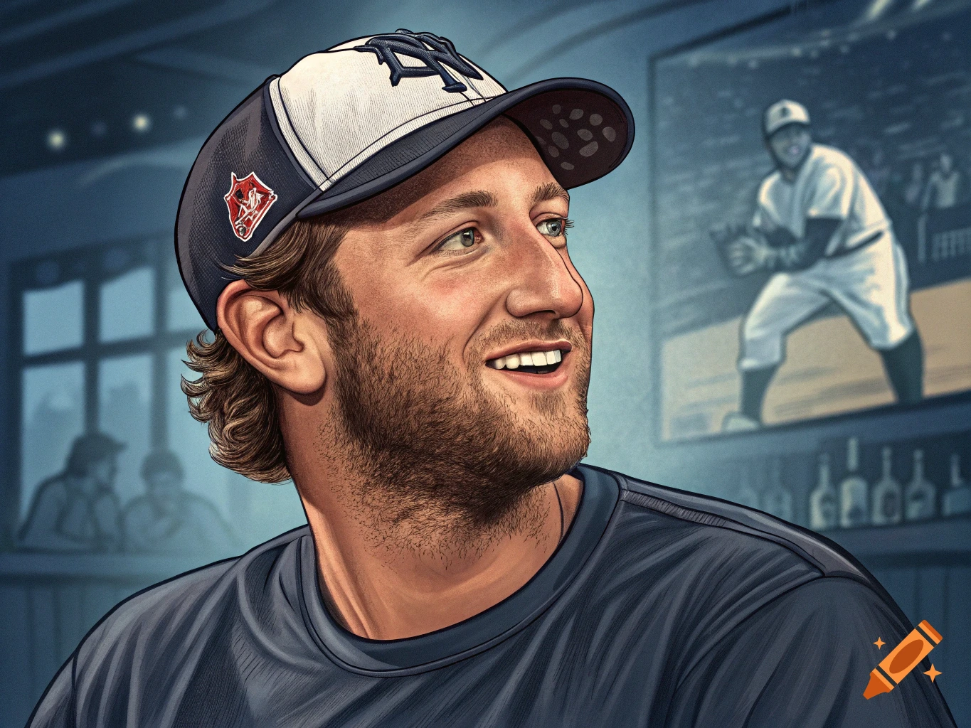 Illustration of a man in a baseball cap watching a baseball game on a ...