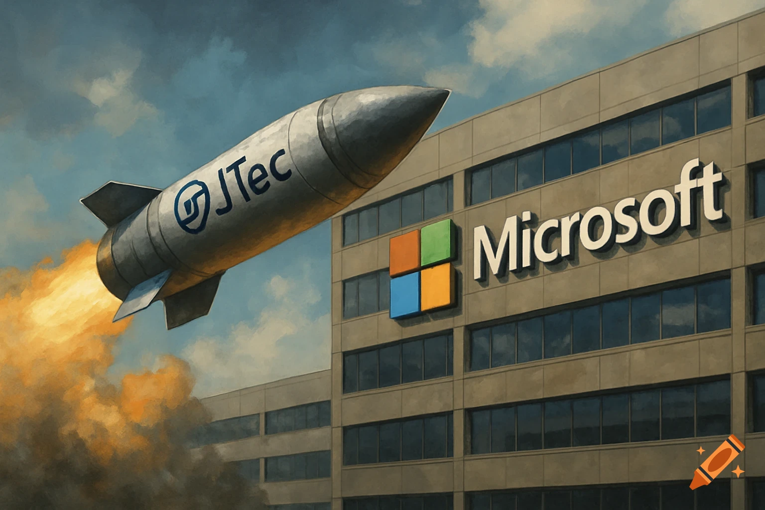 Illustration of a JTec rocket flying towards a Microsoft building. on ...