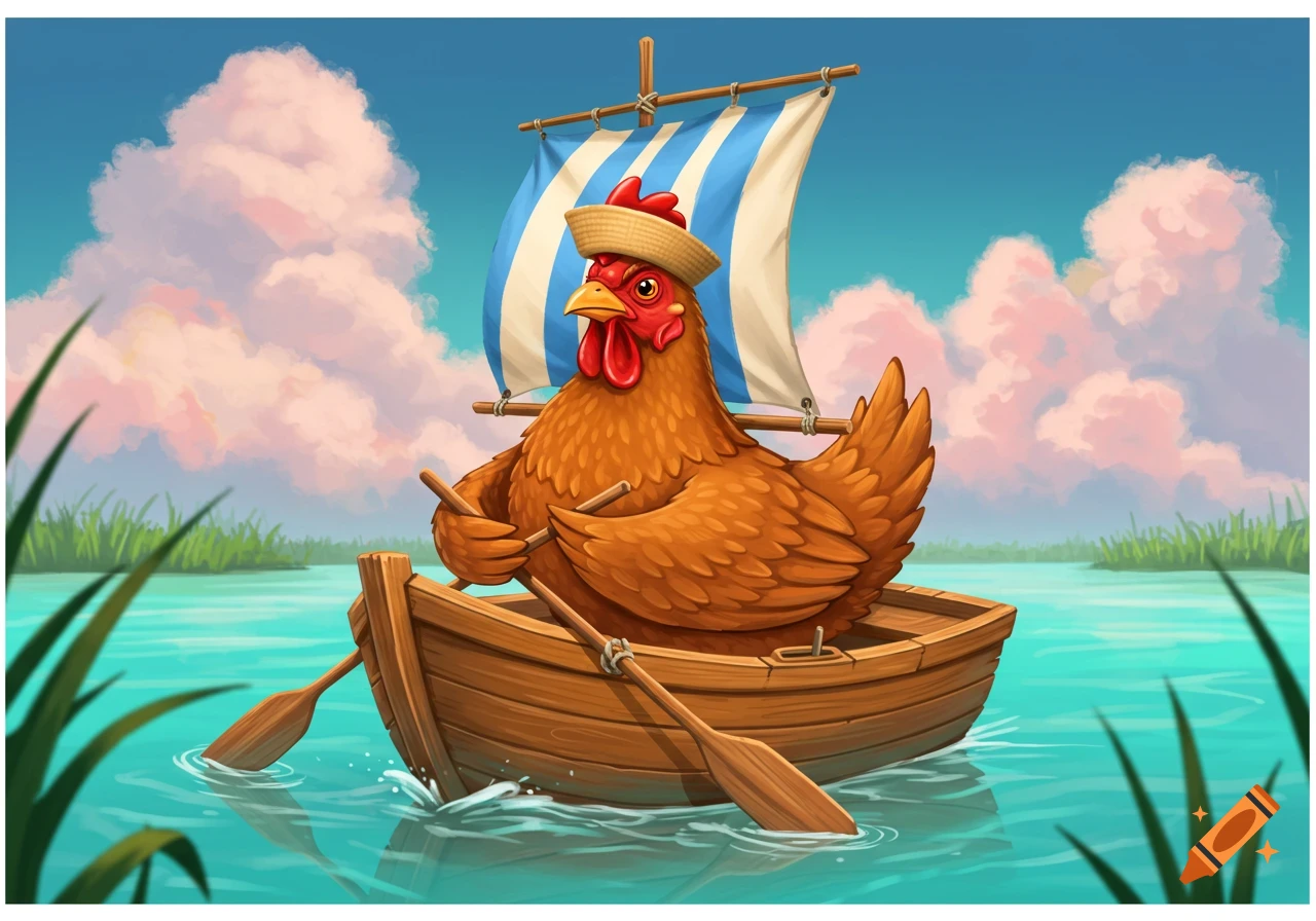 A cartoon chicken rows a small boat with a sail on the water. on Craiyon