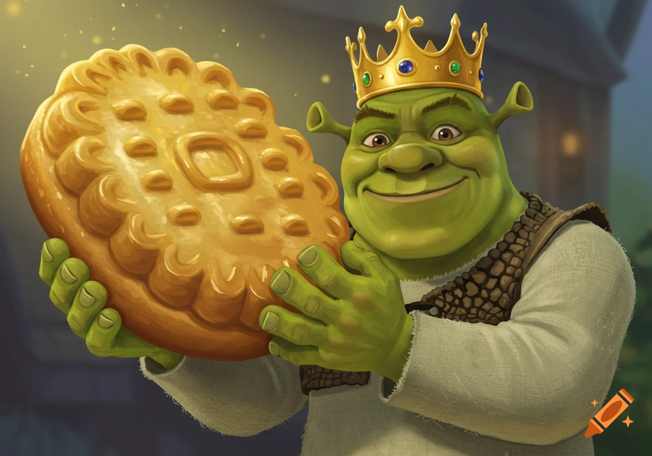 Shrek wearing a crown and holding a giant golden biscuit. on Craiyon