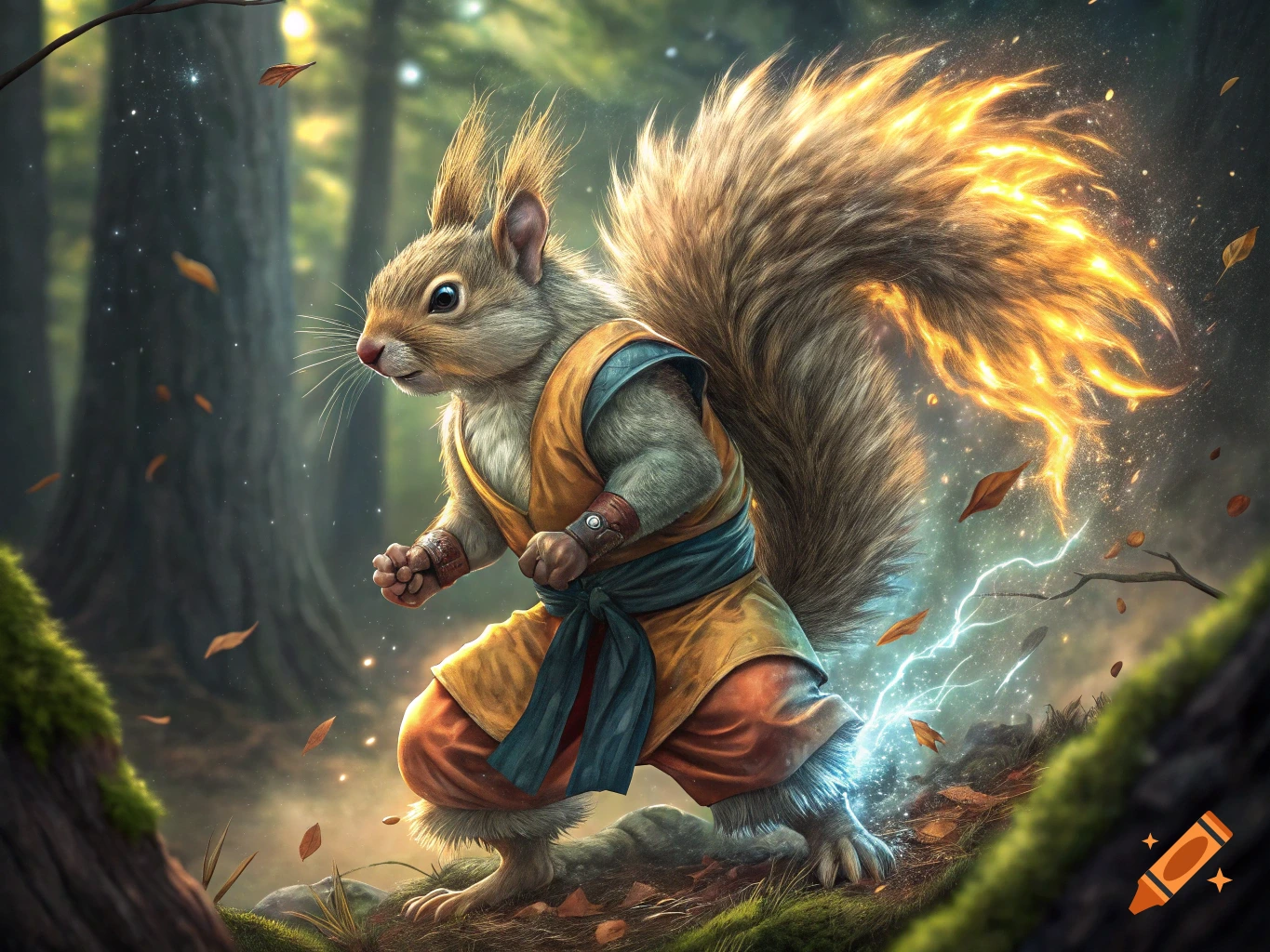 A squirrel in a forest wearing an orange gi, standing in a power stance ...