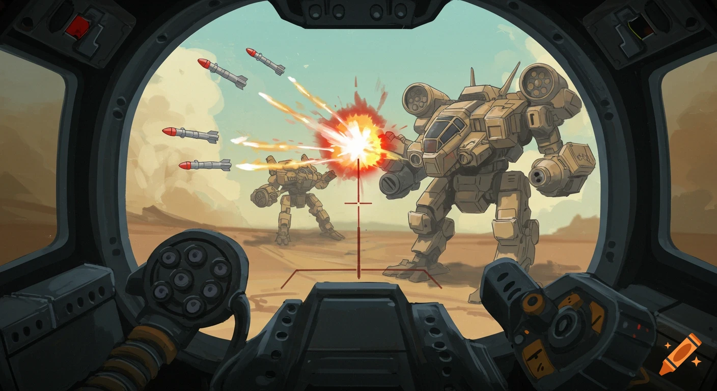 View from inside a mech cockpit aiming at another mech in combat ...