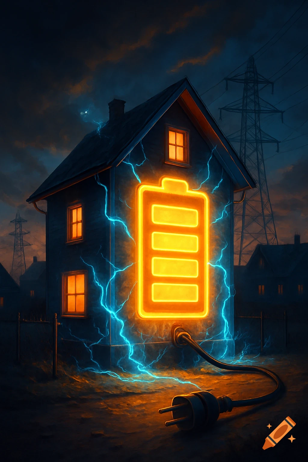 A house glows like a large battery symbol, plugged into power lines at ...