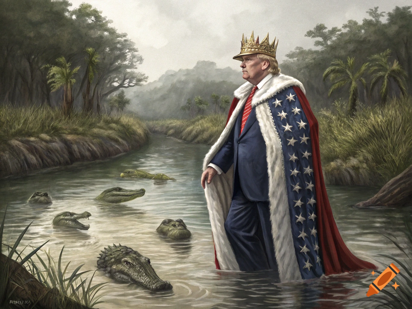 Painting of Donald Trump in a crown and American flag cape standing in ...