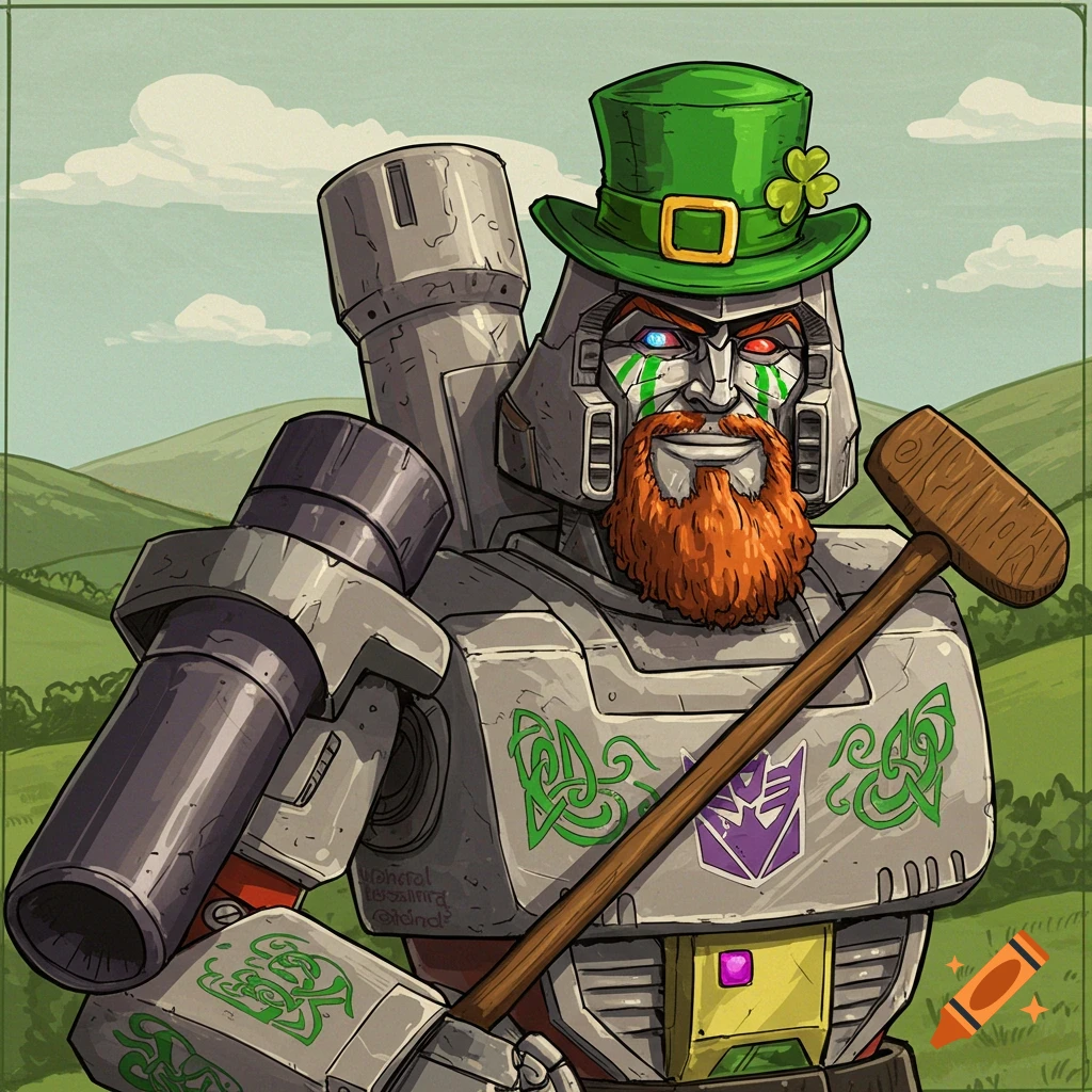 Illustration of Megatron as an Irish leprechaun robot in a hilly ...