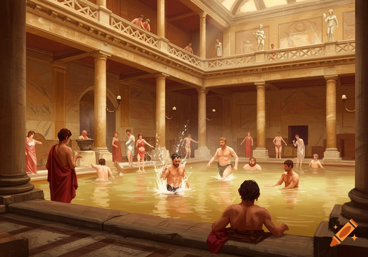 Painting of people bathing in a large indoor Roman bath with columns ...