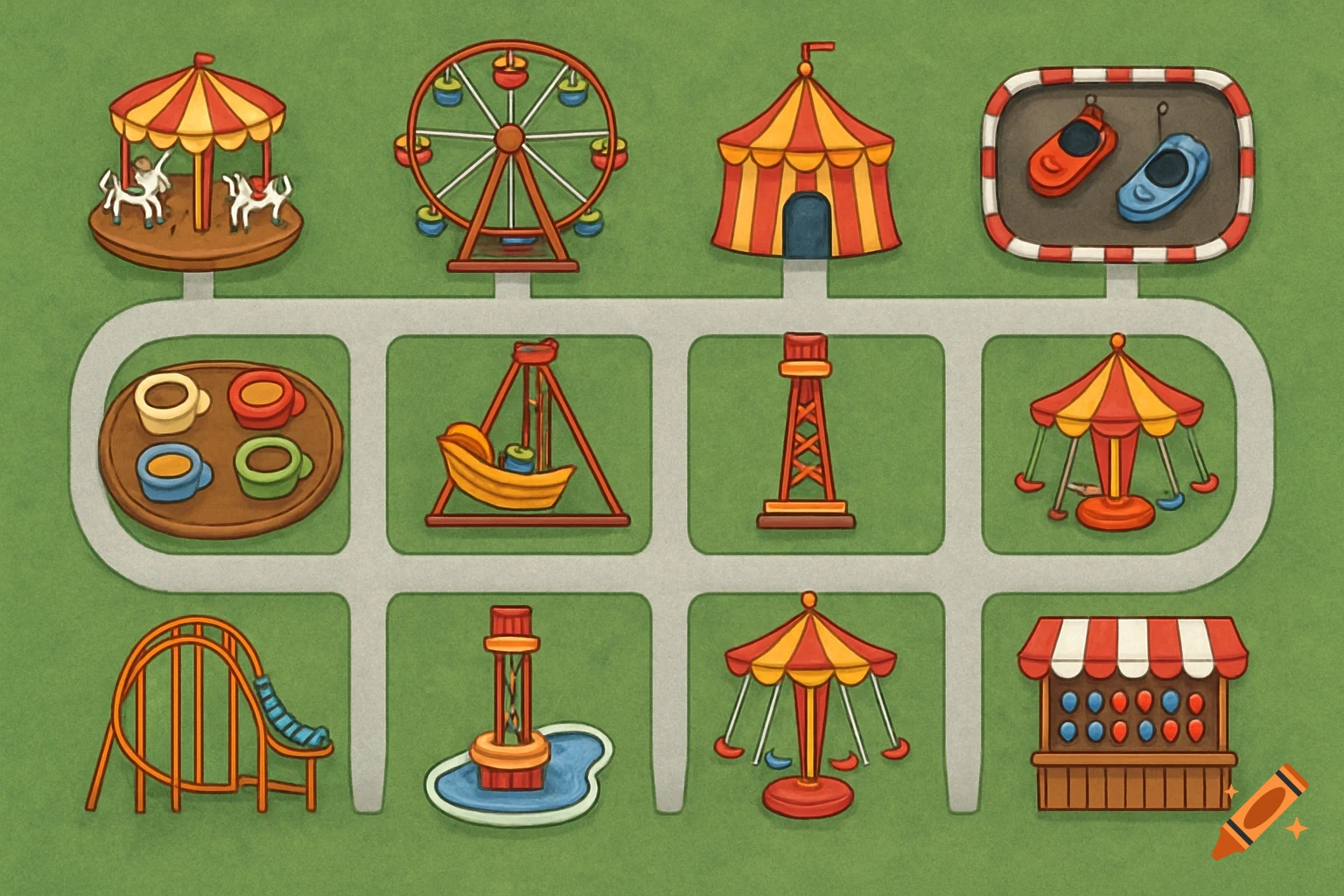 Top-down illustration of a cartoon amusement park map with various ...