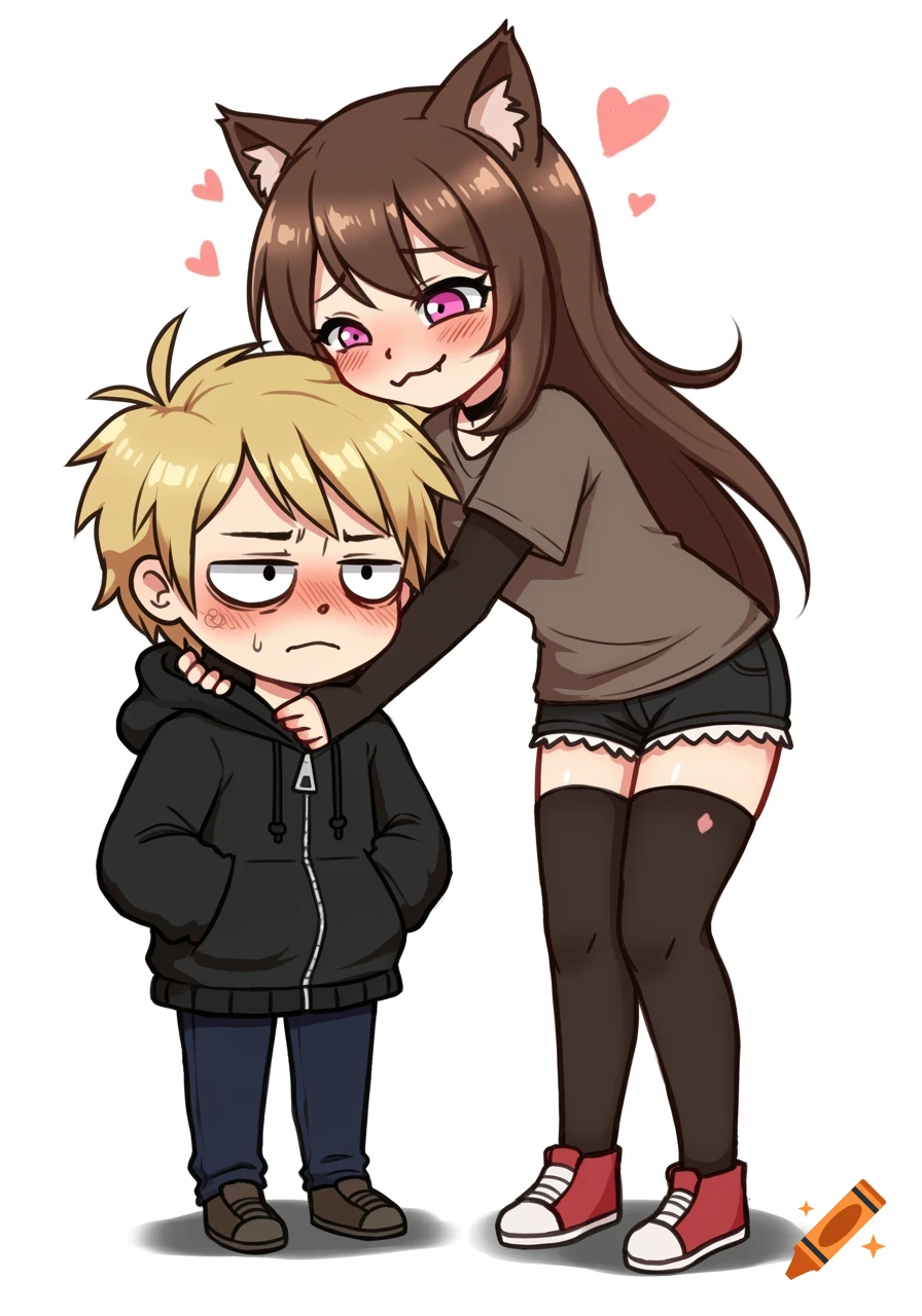 A chibi anime girl with cat ears hugs a grumpy boy. on Craiyon