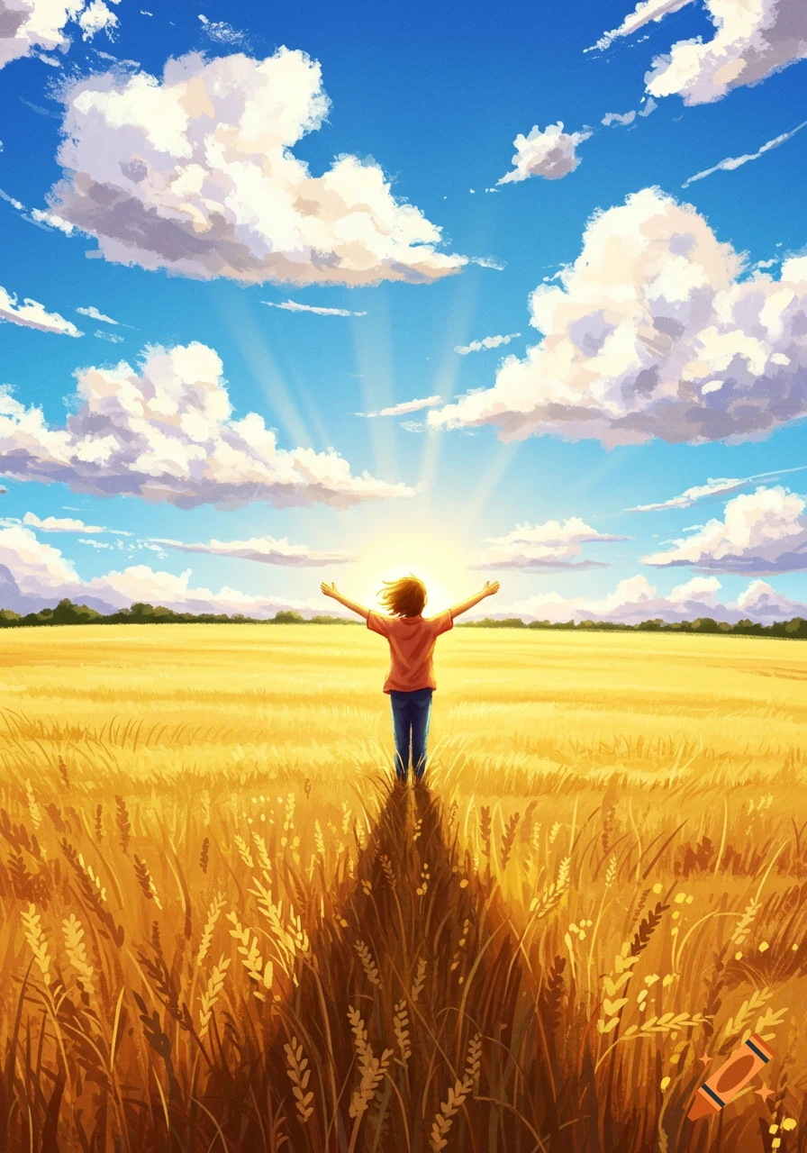 Illustration of a person with arms raised in a sunlit golden field on Craiyon