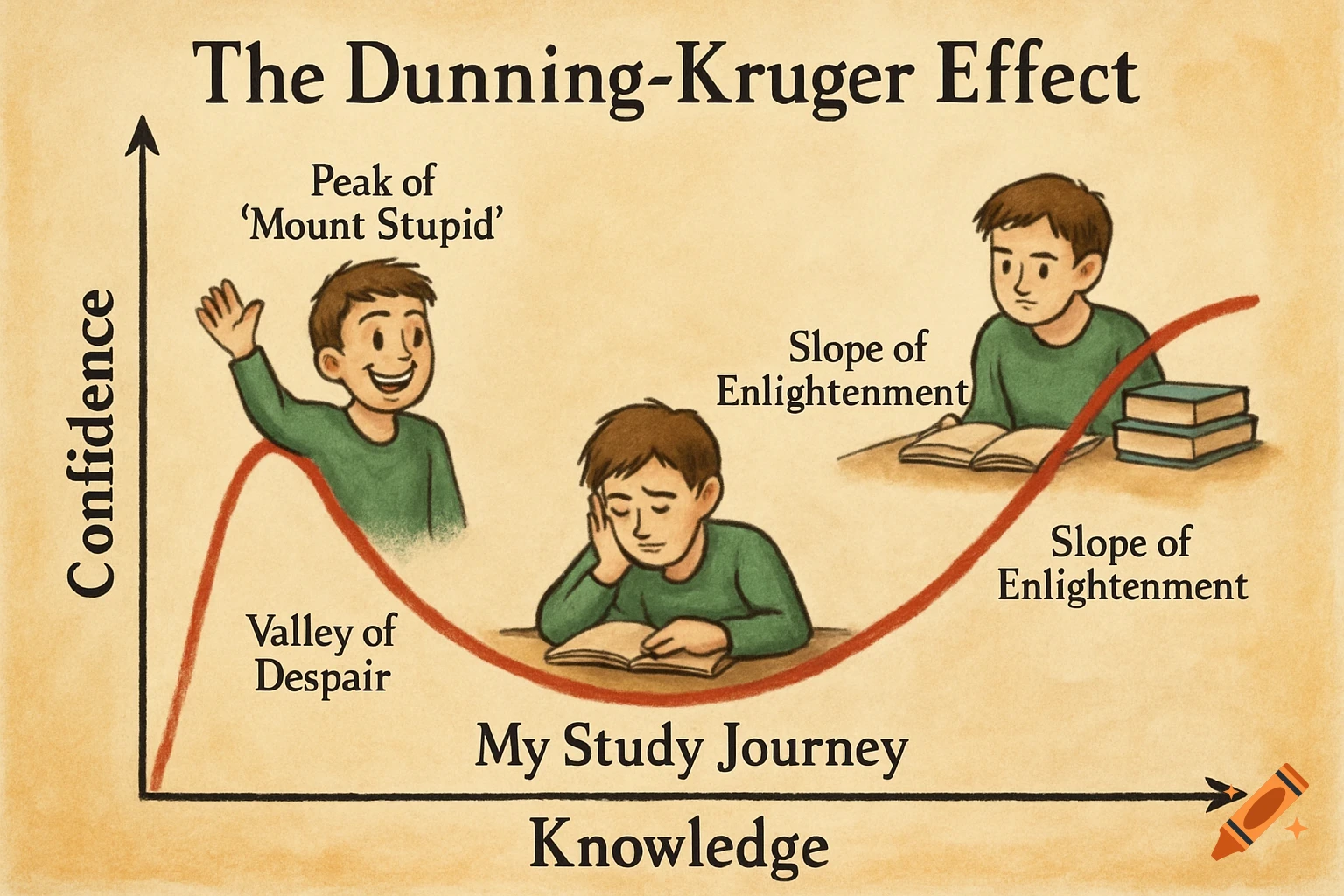 Illustration of the Dunning-Kruger effect graph on studying, with ...