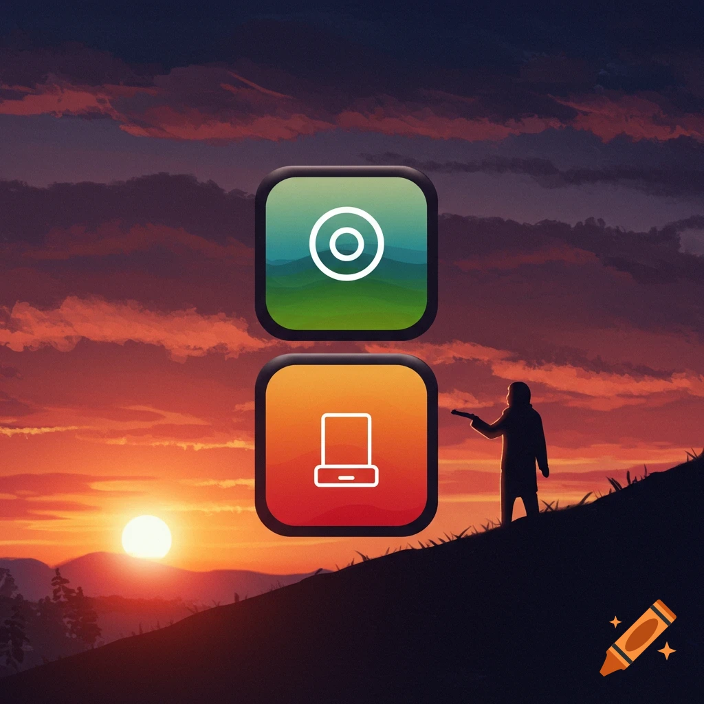 Stylized landscape at sunset with two app icons and a silhouetted ...